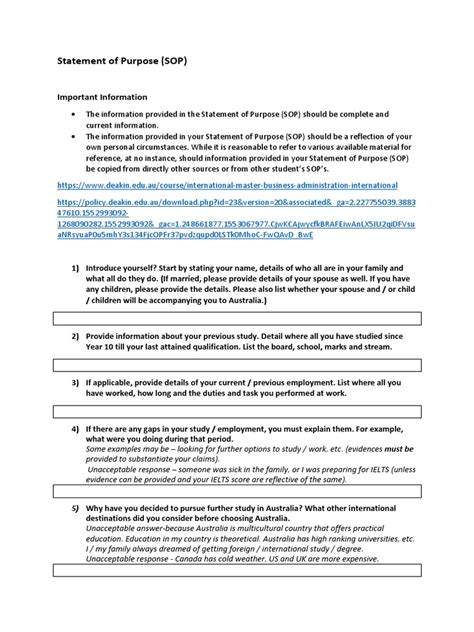 Sop Questions Pdf University Travel Visa