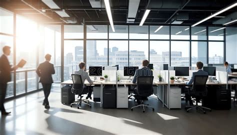 Modern Office With People Working On Computer Table Behind Glass Wall
