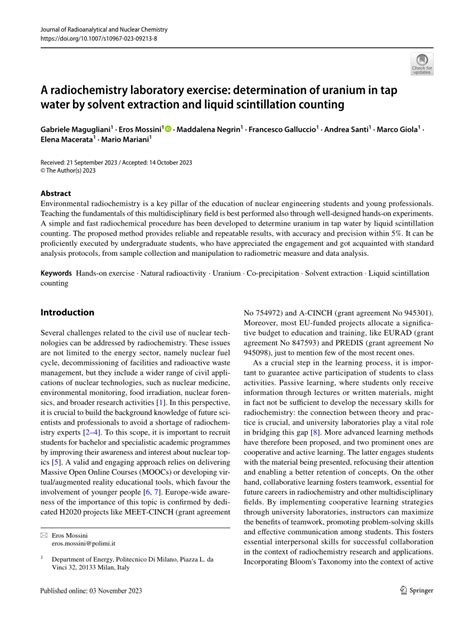 Pdf A Radiochemistry Laboratory Exercise Determination Of Uranium In