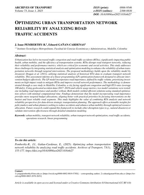 Pdf Optimizing Urban Transportation Network Reliability By Analyzing Road Traffic Accidents
