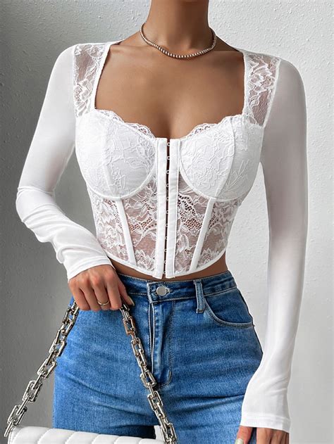 SHEIN BAE Top bajo asimétrico crop bustier con encaje Moda de Mujer