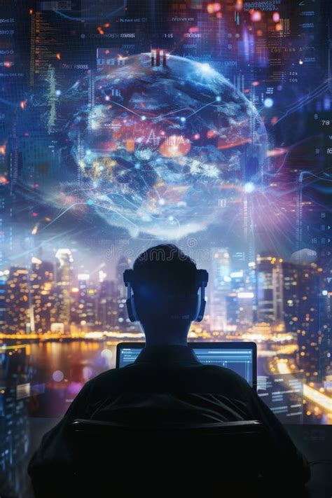 Person With Headset Facing Data Analytics Visualization Screens With