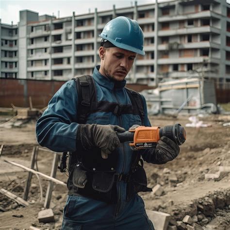 Premium Photo A Man In A Blue Hard Hat Is Using A Drill