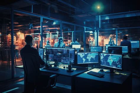 A Man Sitting At A Desk In An Office Space Working On Multiple