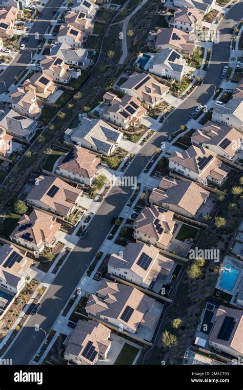 Aerial View Of Suburban Street In The Santa Clarita Community Of Los