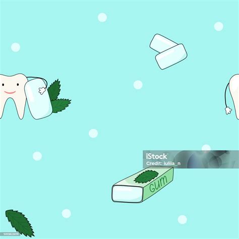 귀여운 치아 캐릭터와 민트 껌 패드가 있는 매끄러운 패턴 낙서 스타일 플랫 벡터 배경 주제에 대한 스톡 벡터 아트 및 기타