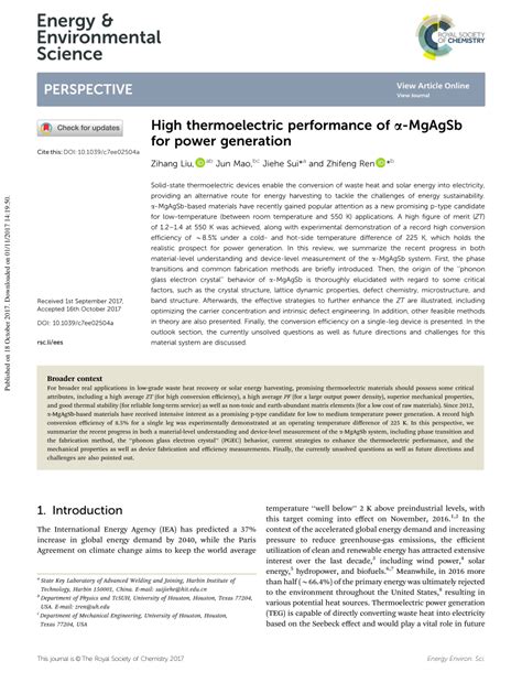 Pdf High Thermoelectric Performance Of α Mgagsb For Power Generation