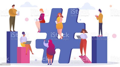 소셜 네트워크 대형 해시태그 미디어 벡터 일러스트레이션 모바일 및 노트북을 가진 평평한 사람들 캐릭터는 온라인 채팅을 따릅니다 Brand Name Online