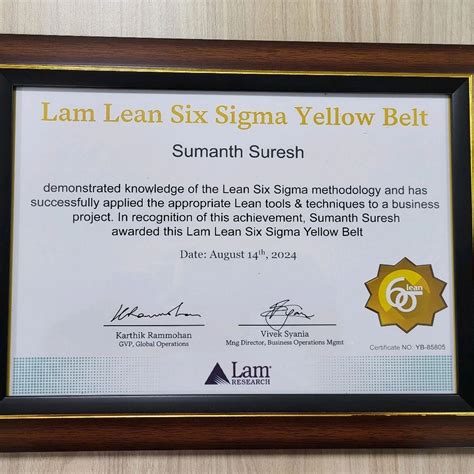 Sixsigma Certification Lamresearch Sumanth M Suresh 14 Comments