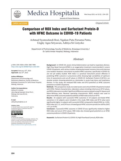 PDF Comparison Of ROX Index And Surfactant Protein D With HFNC Outcome In COVID 19 Patients