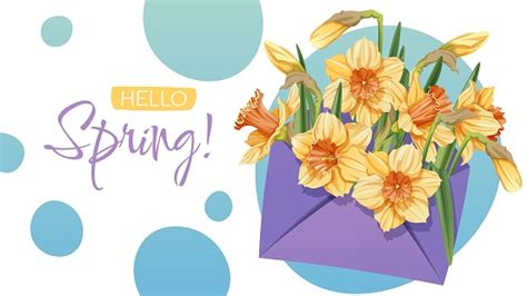 봉투 배너에 있는 봄 노란색 수선화 계절 카드 포스터 소셜 미디어를 위한 밝은 꽃무늬 디자인 봄 축하 행사를 위한 축제 벡터 일러스트 3월에 대한 스톡 벡터 아트 및 기타