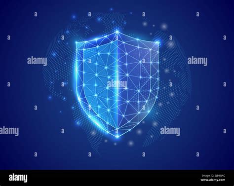 shield 3d low poly symbol with blue world map background antivirus