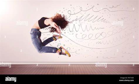 Pretty Woman Jumping With Hand Drawn Lines And Arrows Come Out Stock
