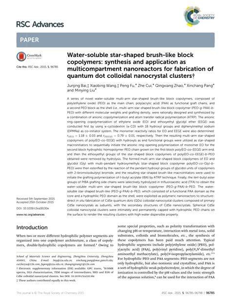 Pdf Water Soluble Star Shaped Brush Like Block Copolymers Synthesis