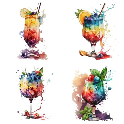 Four Watercolor Cocktails With Different Flavors