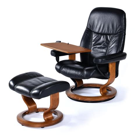 Black Leather Ekornes Stressless Recliner With Ottoman And Computer Table