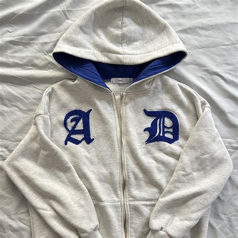 Adika Ad Grey Zip Up Hoodie With Navy Patches Grey Depop