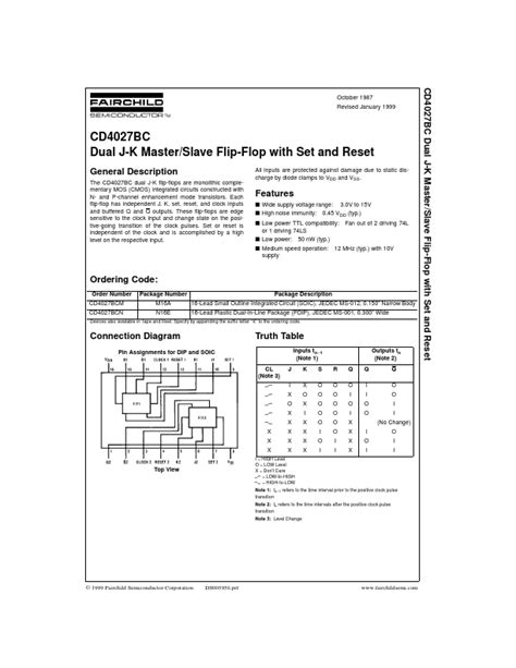 Cd4027bcn Datasheet Pdf Dual J K Masterslave Flip Flop Download