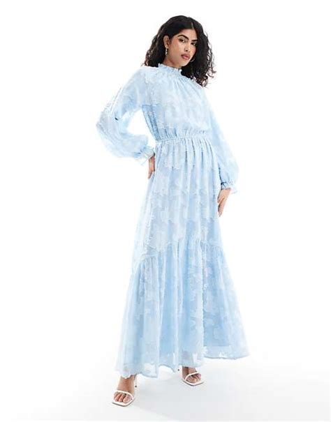 Asos Design Hochgeschlossenes Jacquard Maxikleid In Himmelblau Mit