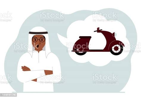 한 남자가 스쿠터 나 오토바이에 대해 꿈꾸거나 생각합니다 그의 생각은 기포 속에 있습니다 꿈 구매 대출 또는 투자의 개념