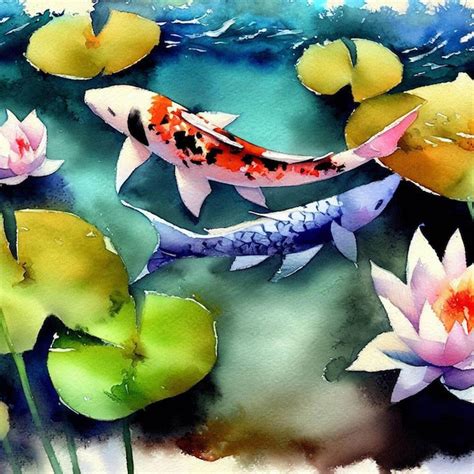 Premium AI Image Watercolor Painting Serene Koi Fish Pond With Lily Pads