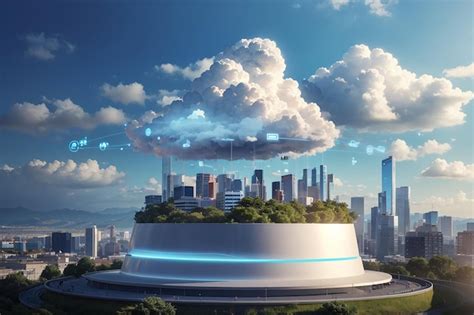 Premium AI Image Digital Cloud Over Virtual Smart City On Podium