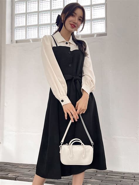 Dazy 2 In 1 Colorblock Belted Shirt Dress White Tshirt Dress Shirt