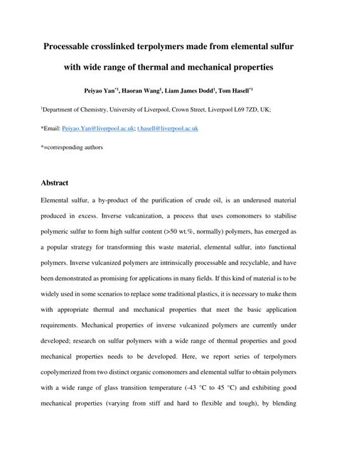 Pdf Processable Crosslinked Terpolymers Made From Elemental Sulfur With Wide Range Of Thermal