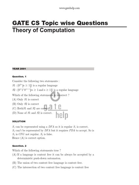 Theory Of Computation Mcqs Pdf Theory Of Computation Regular