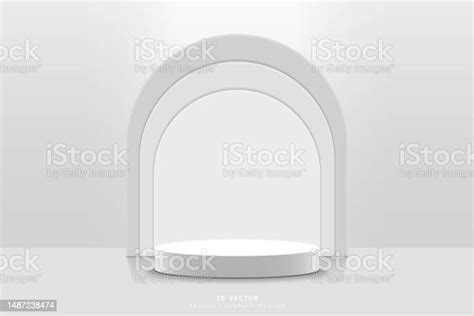사실적인 흰색과 회색 3d 무대 실린더 받침대 연단이 있는 3d 스튜디오 룸은 3개의 아치 모양을 배경으로 제품 전시를 제공합니다 제품 프레젠테이션 3d 벡터 렌더링을 위한