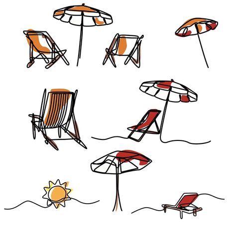 Set Of Summer Beach Chair And Umbrella Object In One Line Continuous