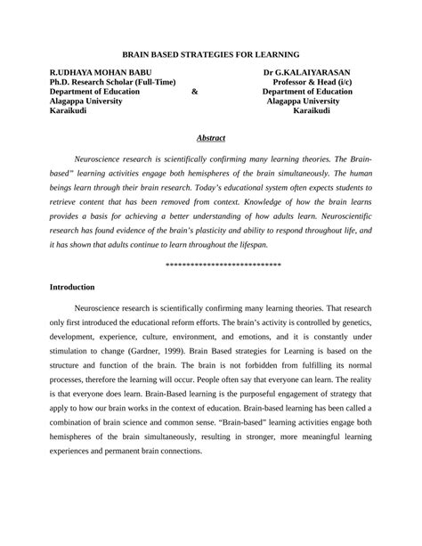 Pdf Brain Based Strategies For Learning