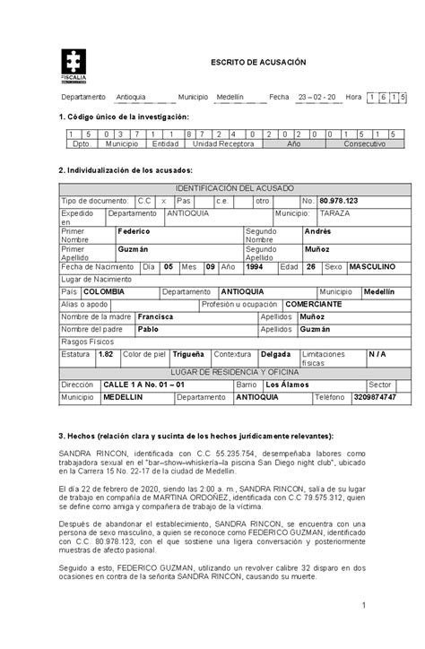 Escrito De Acusación Escrito De AcusaciÓn Departamento Antioquia