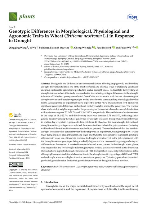 Pdf Genotypic Differences In Morphological Physiological And Agronomic Traits In Wheat
