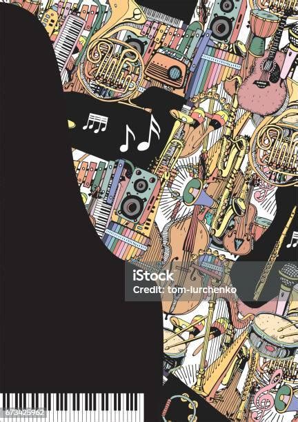 화이트 피아노와 음악 계기의 수집입니다 낙서 스타일에 손으로 그린 그림입니다 Classical Concert에 대한 스톡 벡터 아트 및 기타 이미지 Classical