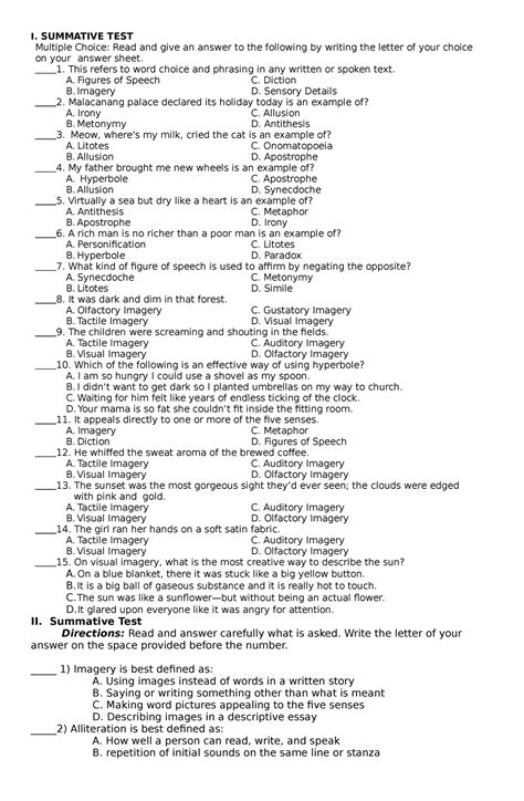 Summative I SUMMATIVE TEST Multiple Choice Read And Give An Answer