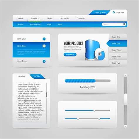 Web UI Controls Elements Gray And Blue On Light Background Navigation Bar Buttons Slider