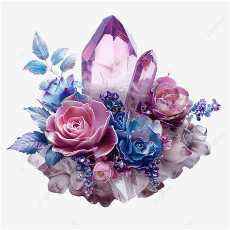 핑크색과 파란색 장미가 있는 보라색 크리스탈 꽃 보라색 꽃 크리스탈 플라워 분홍 장미 Png 일러스트 및 이미지 에 대한