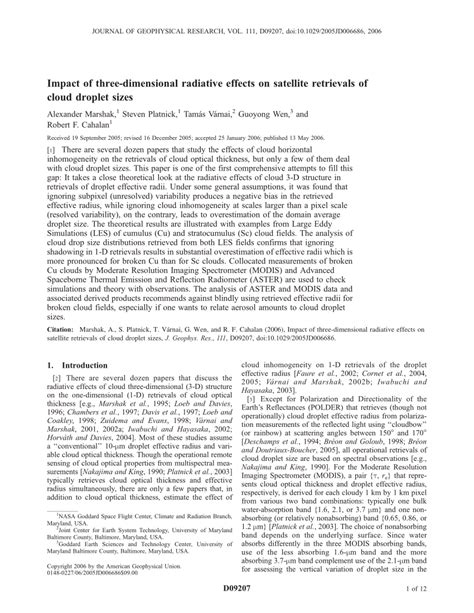 Pdf Impact Of Three Dimensional Radiative Effects On Satellite Retrievals Of Cloud Droplet Sizes