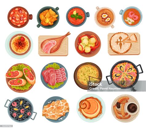 스페인 요리와 음식 레스토랑 메뉴로 제공 국가 요리 빅 벡터 세트 요리하기 음식 준비에 대한 스톡 벡터 아트 및 기타 이미지 요리하기 음식 준비 그릇 세이보리 파이