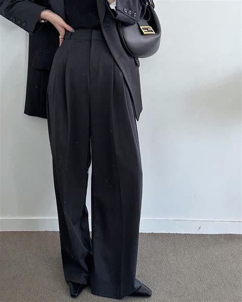 유인어스 노델 여성 하이웨스트 핀턱 롱 와이드 슬랙스 통바지 팬츠