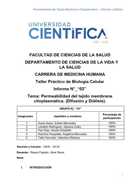 Informe 2 Difusión Y Diálisis Pdf Proteínas Agua