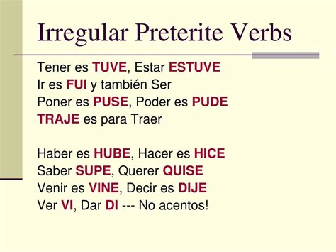 Ppt Irregular Preterite Verbs Powerpoint Presentation Free Download