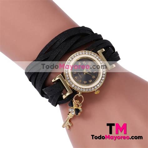 Reloj Pulsera Negro Extensible Piel Sintetica Dije Llave Quartz Duoya R2755 TodoMayoreo