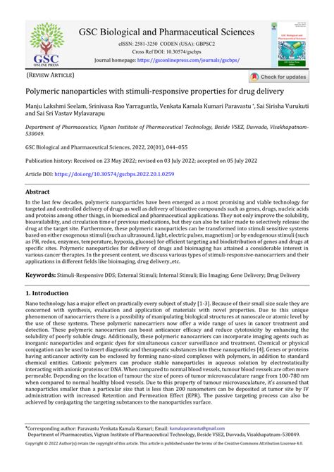 Pdf Polymeric Nanoparticles With Stimuli Responsive Properties For