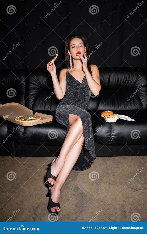 Woman Touching Lip While Sitting Stock Photo Image Of Food Caucasian