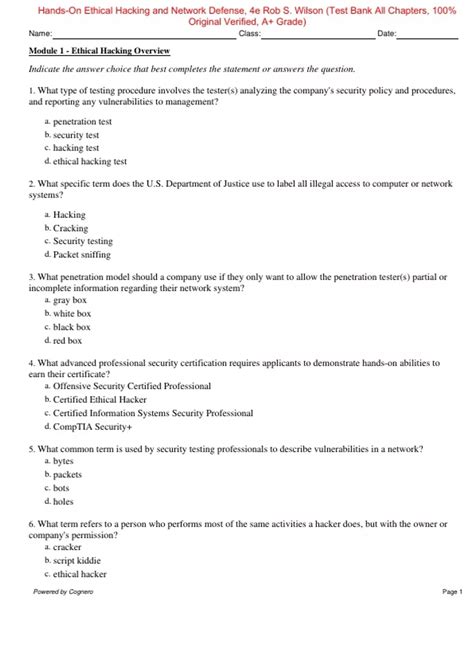 Test Bank For Hands On Ethical Hacking And Network Defense 4th Edition By Rob S Wilson All