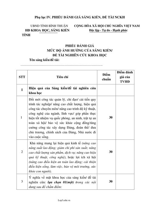 PPT Phiếu chấm sáng kiến kinh nghiệm đề tài khoa học PowerPoint