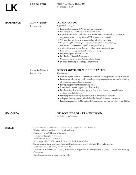Shift Manager Resume Samples Velvet Jobs
