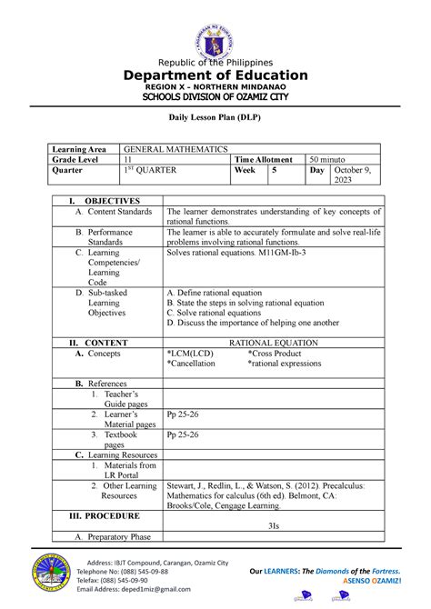 Lesson Plan On Solving Rational Equations Department Of Education